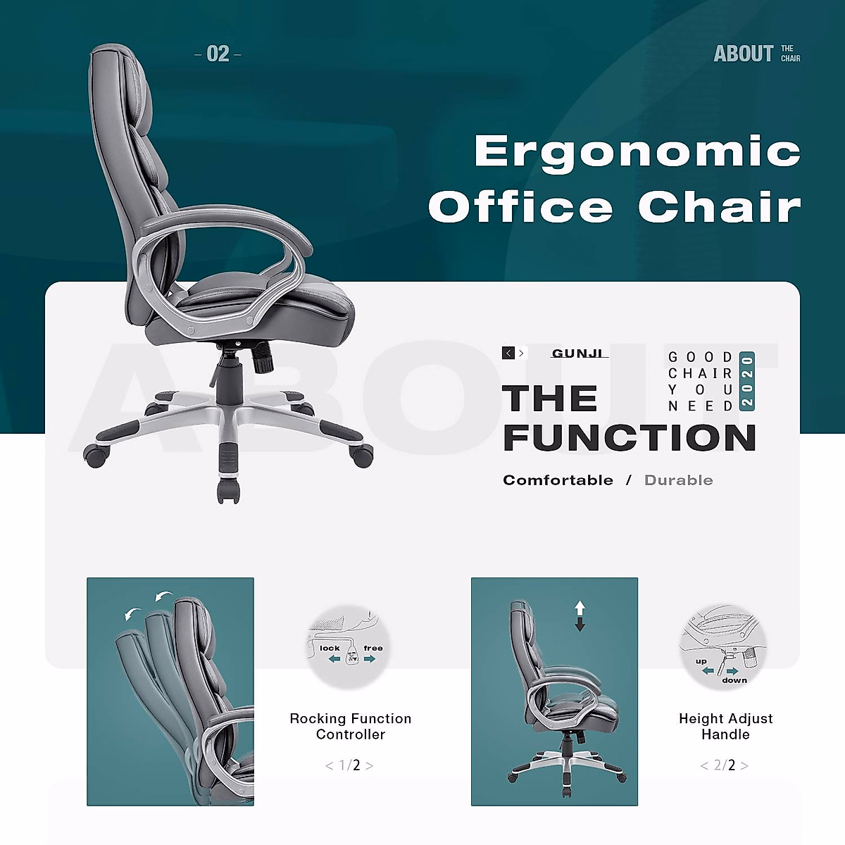 GUNJI Office Chair PU Leather High Back Executive Chair Ergonomic Computer Chair, Modern Adjustable Home Desk Chair Swivel Managerial Chair with Padded Armrests and Lumbar Support (Gray)