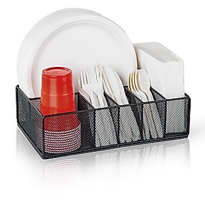Paper Plate Organizer for Countertop, Metal Silverware Caddy with 6 Compartments for Plate, Cup, Fork, Knives, Spoon, Napkin, Paper Plate and Utensil Holder Caddy for Party, Camping, Picnic (Black)