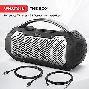 Pyle Portable Wireless Bluetooth Loud Streaming Speaker w/Deep Bass Hands-Free Microphone w/TWS Stereo Sound Function - IPX6 Waterproof Outdoor Speaker, 8H Playtime, AUX, BT Range 32+ ft - PCMPSB1BK