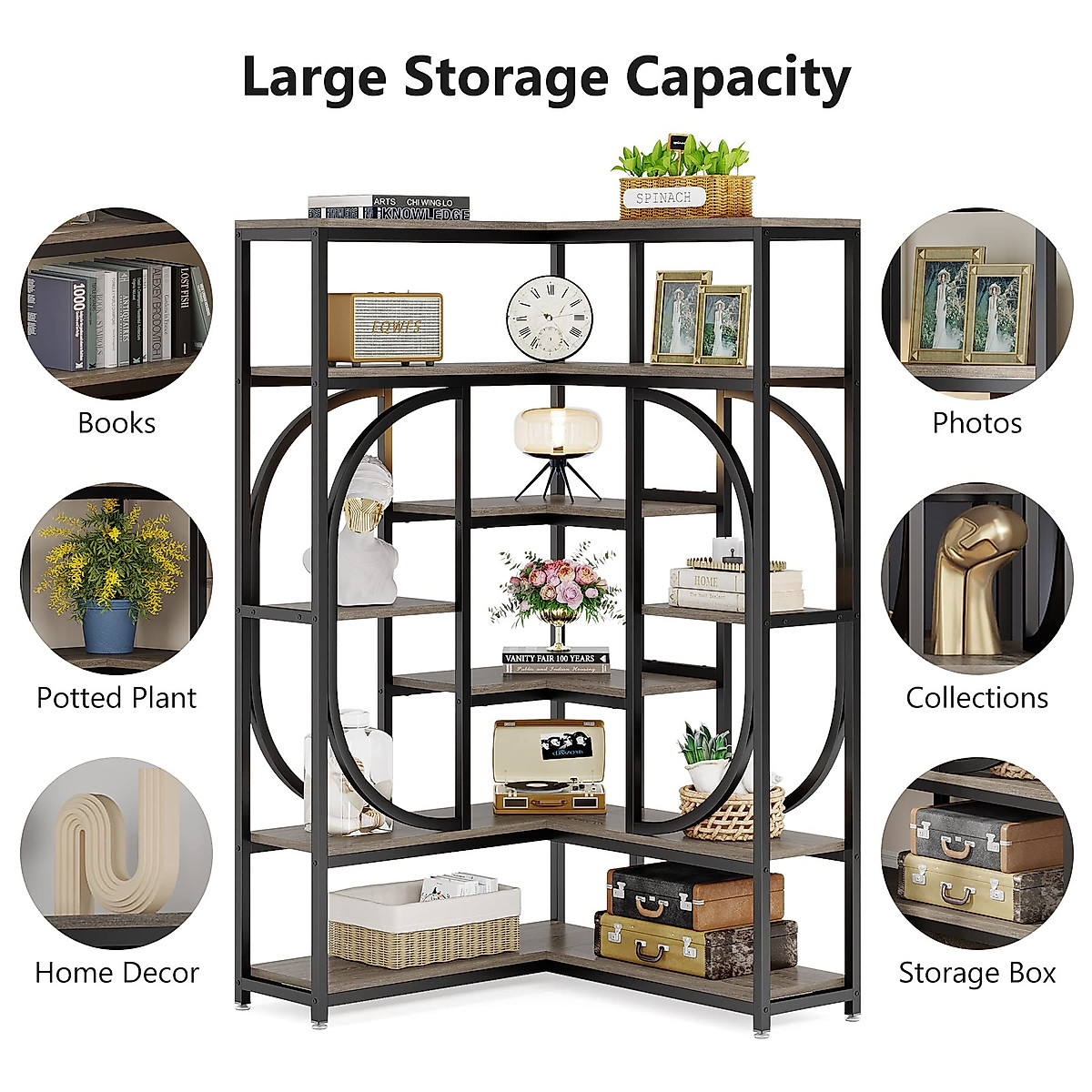 Tribesigns 7-Shelf Corner Bookshelf, Large Modern Corner Bookcase, Tall L-Shaped Corner Shelf Stand Display Rack with Storage, Metal Frame for Living Room Home Office (Grey)