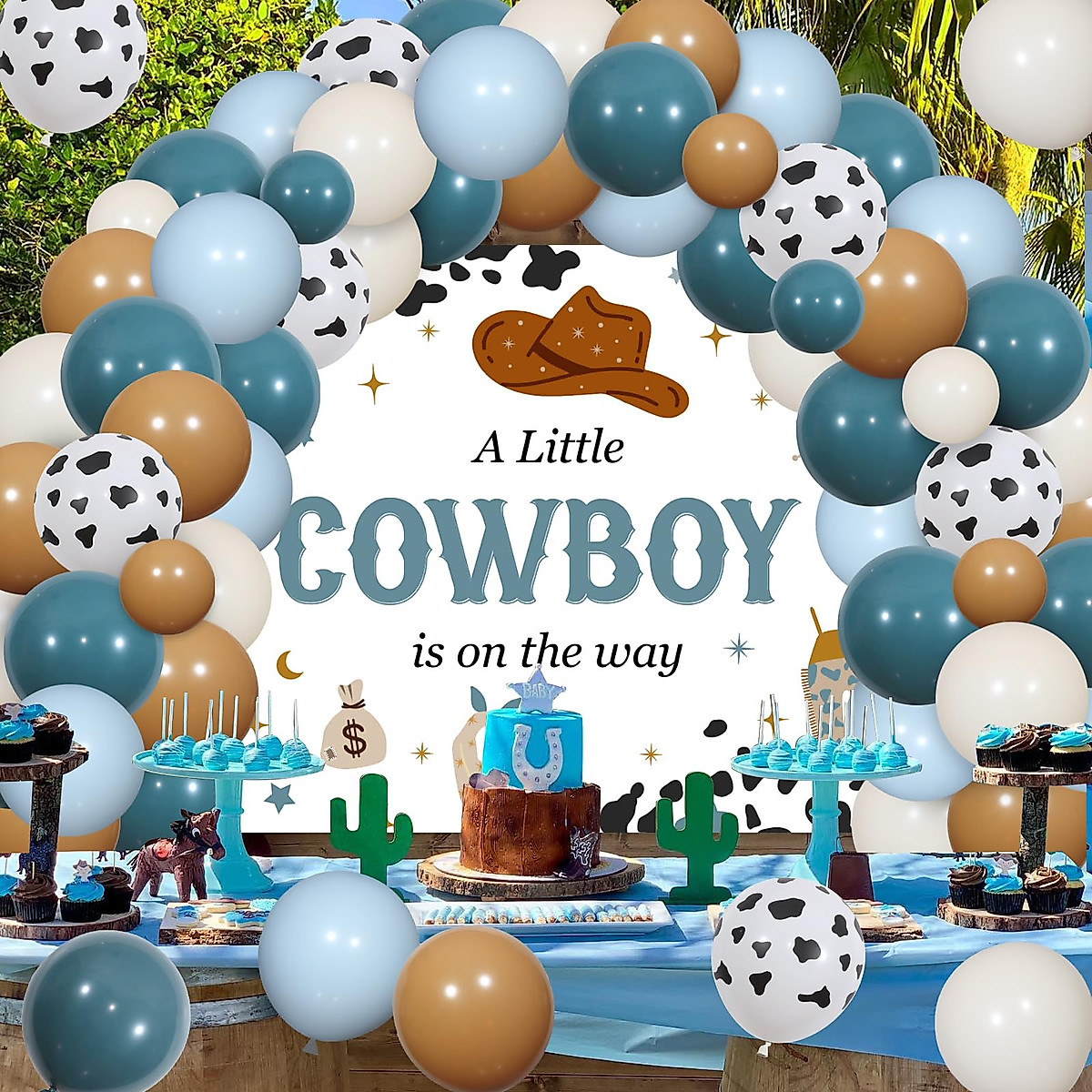 Cowboy Baby Shower Decorations for Boy, Western Rodeo Theme Retro Blue Balloon Garland Arch Kit, A Little Cowboy Is On the Way Backdrop Pregnancy Celebration Party Supplies