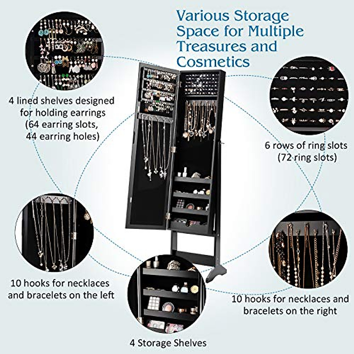 Giantex Jewelry Cabinet with Full-Length Mirror, Standing Jewelry Armoire Organizer with 64 Earring Slots, 20 Necklace Hooks, 72 Ring Slots, 4 Shelves for Makeup, 3 Angel Adjustable (Black)