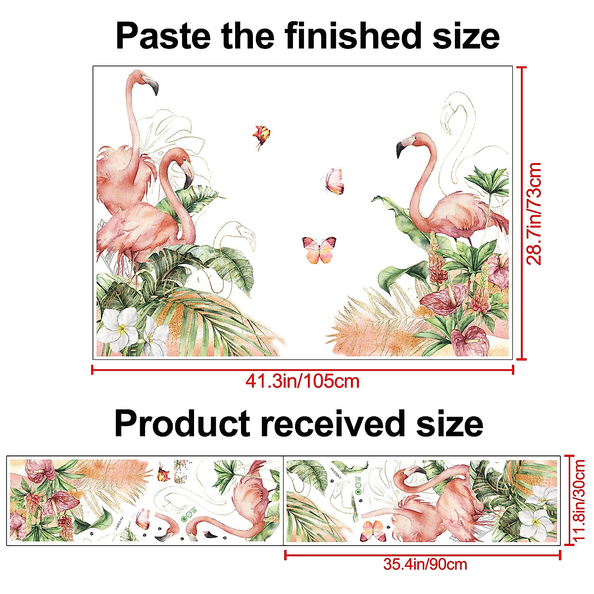 RW-C328 Pink Flamingo Wall Decals Tropical Green Plants Flowers Wall Stickers DIY Removable Flamingo Floral Butterfly Tree Leaves Wall Art Decor for Kids Girls Bedroom Living Room Nursery Decoration