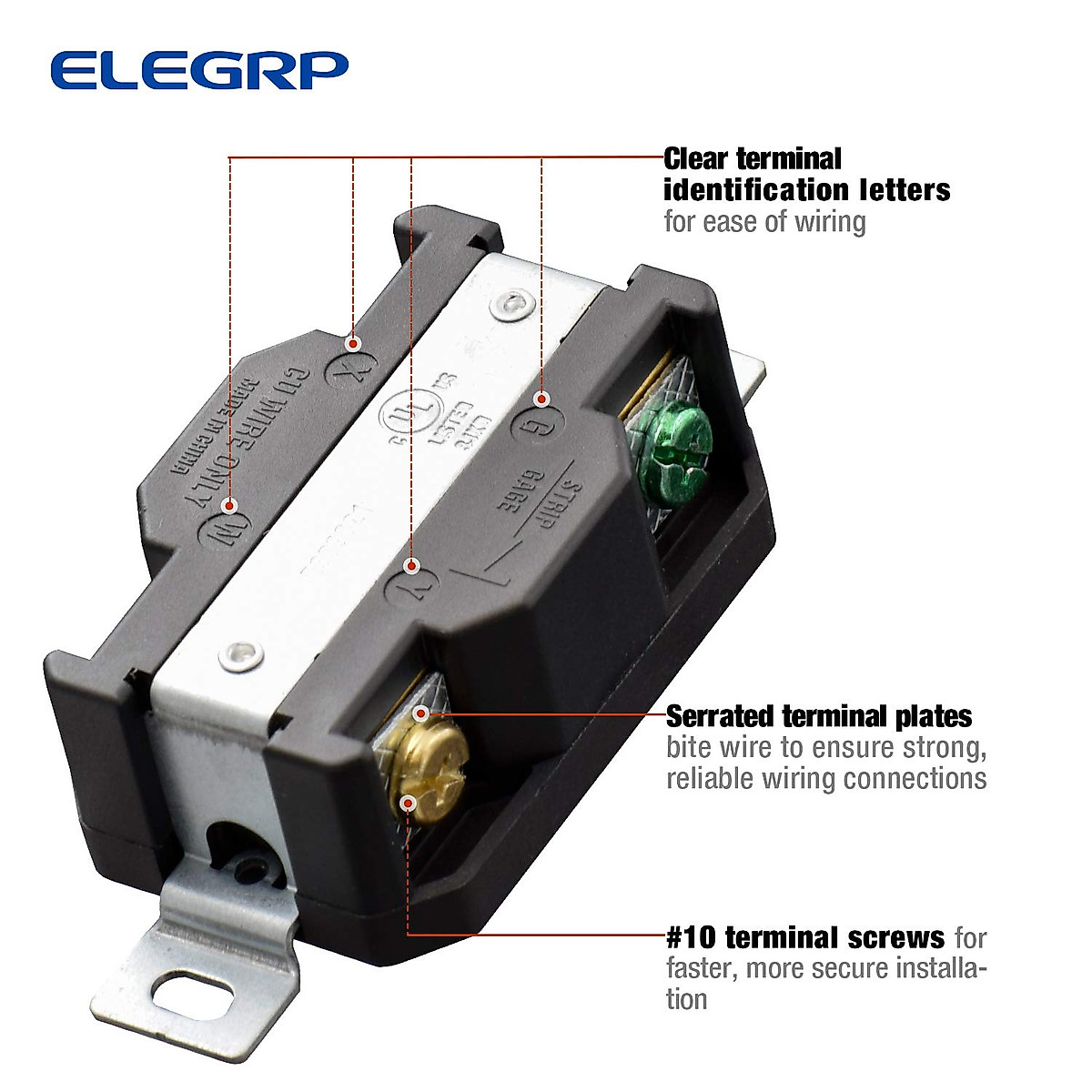 ELEGRP NEMA L14-30R Flush Mounting Locking Receptacle, Twist Lock Socket/Outlet for Generator, 30 Amp 125/250V 3 Pole 4 Wire Grounding, Industrial Grade Heavy Duty, UL Listed (1 Pack, Black)