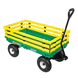 FARM-TUFF Durable Plastic Garden Wagon Utility Cart with Removable Side Racks and Pneumatic Tires for Outdoor Hauling, Green and Yellow, 20" x 38"