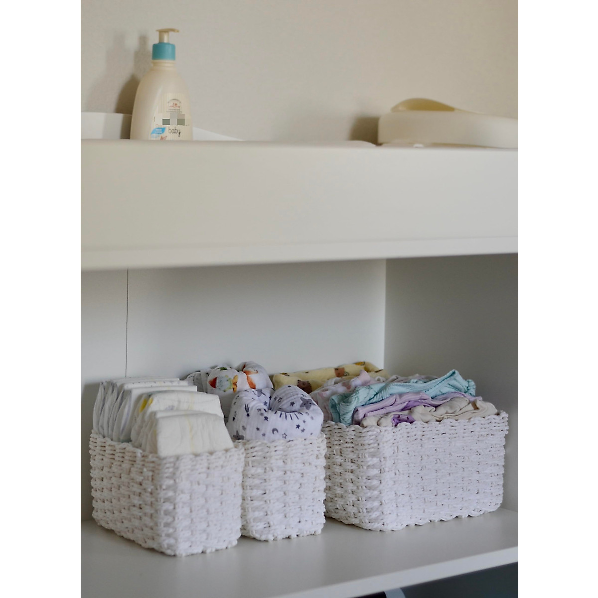 Set of 3 White Woven Baskets - Table Organizer, Natural and Eco-Friendly Storage Solution, Storage Baskets for Shelves, Toy Storage, Sustanabile Paper Rope Material