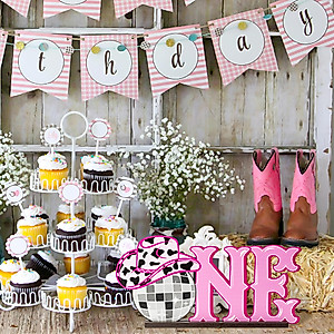 Western Disco Cowgirl ONE Letter Sign Table Wooden Centerpieces for Baby Shower Cow Print I’m ONE First Birthday Party Decor Photo Props for Baby Girls 1st Milestone Birthday Baby Decorate Supplies