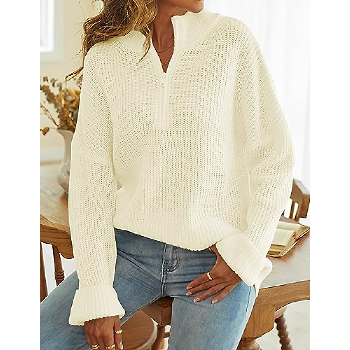 MEROKEETY Women's 2023 Long Sleeve Chunky Knit Sweaters 1/4 Zip Polo V Neck Casual Pullover Tops,Beige,M