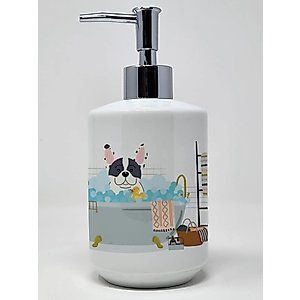 Caroline's Treasures WDK5708SOAP Piebald French Bulldog in Bathtub Ceramic Soap Dispenser Hand Soap Dispenser Pump Bottles for Bathroom Kitchen, Empty Refillable Liquid Soap Container