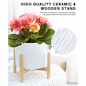 LaDoVita Ceramic Plant Pot with Stand, 8 Inch Planter with Wood Shelf, Modern Round Flower Pots Indoor with Wood Planter Holder, White Water Ripple Pattern