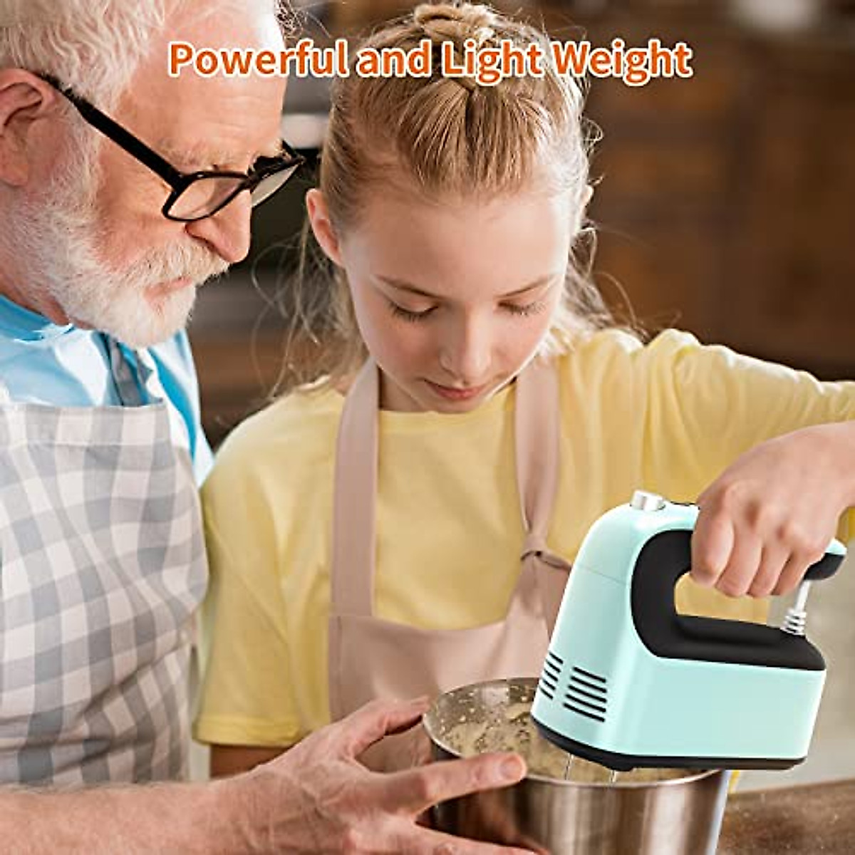 Yomelo 9-Speed Digital Hand Mixer Electric, 400W Powerful DC Motor, Baking Mixer Handheld with Snap-On Storage Case, Touch Button, Turbo Boost, 5 Stainless Steel Accessories, Flat Beaters, Dough Hooks, Whisk (Ice Blue)