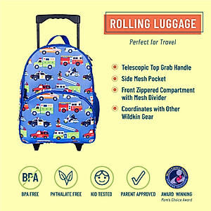 Wildkin Rolling Luggage Bundle with 14 Ounce Steel Reusable Water Bottle (Heroes)