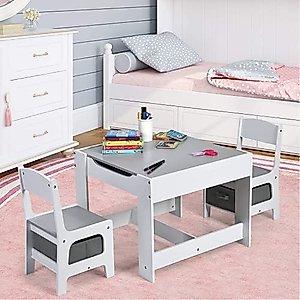 MAT Expert Kids Table & Chair Set, 3 in 1 Children Activity Desk Sets with Storage Drawer, Detachable Blackboard, Multifunctional Toddlers Entertainment Set Ideal for Painting, Reading & Writing