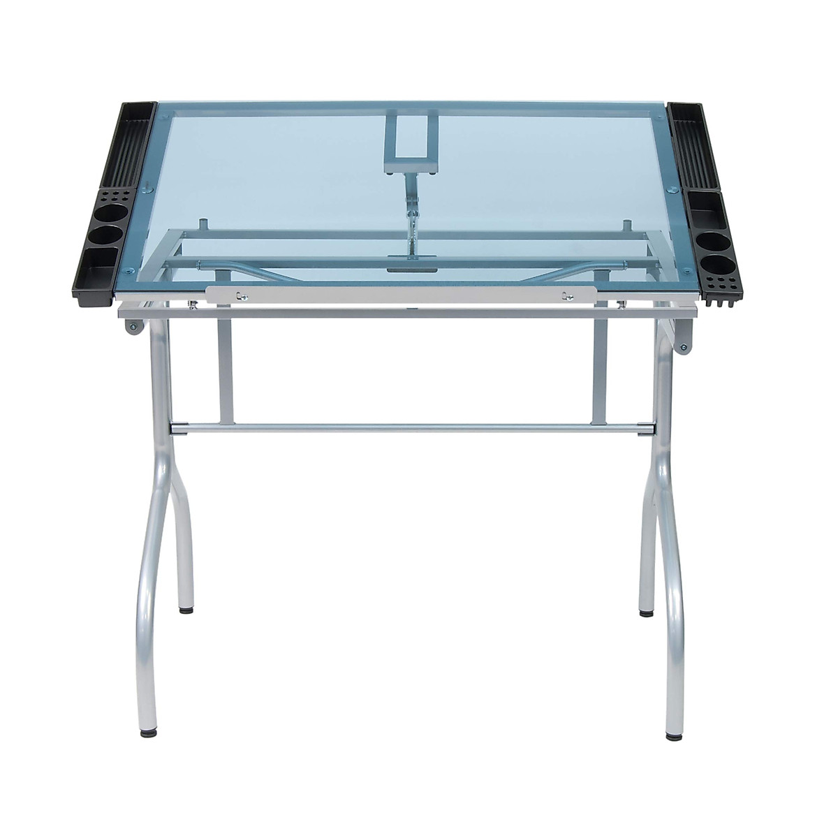 Studio Designs Folding Modern Glass Top Adjustable Drafting Table Craft Table Drawing Desk Hobby Table Writing Desk Studio Desk, 35.25" W x 23.75" D, Silver / Blue Glass