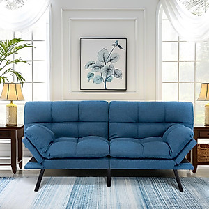 MUUEGM Futon Couch Convertible Memory Foam Sleeper Futon Sofa Bed, Adjustable Backrest Armrest Folding Futon, Modern Fabric Sofa Bed for Living Room, Apartment, Office, Small Room, 71” Blue