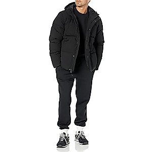 Amazon Essentials Men's Recycled Polyester Mid-Length Hooded Puffer (Available in Big & Tall), Black, Large
