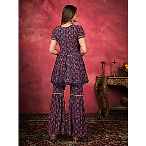 Indian Kurti for Womens With Pant | Foil Print Kurta Partywear Kurtis For Women Tunic Set Blue