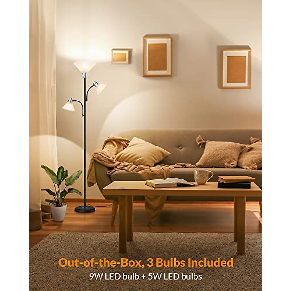 LEPOWER Floor Lamp with Replaceable 3000K Energy-Saving LED Bulbs , 9W LED Standing Lamp with 5W Adjustable Reading Lights, Modern Bright Black Floor Lamp for Living Room, Bedroom, Office