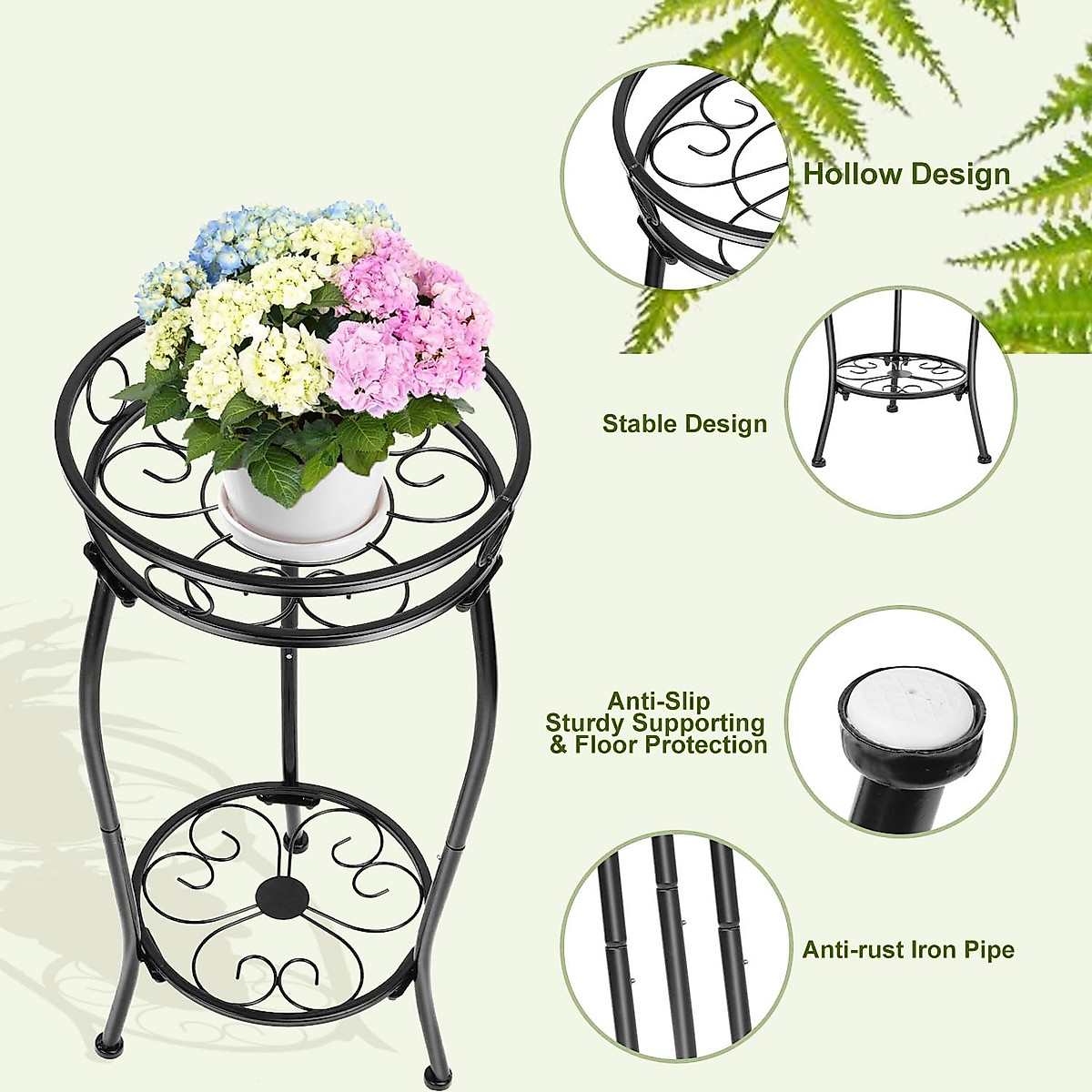 THKFUL Metal Plant Stands Indoor Outdoor, 2 Tier Tall Potted Plant Stand Plant Shelf Flower Pot Stand Iron Plant Holder for Multiple Planter,Rustproof Corner Plant Rack(20.3'')