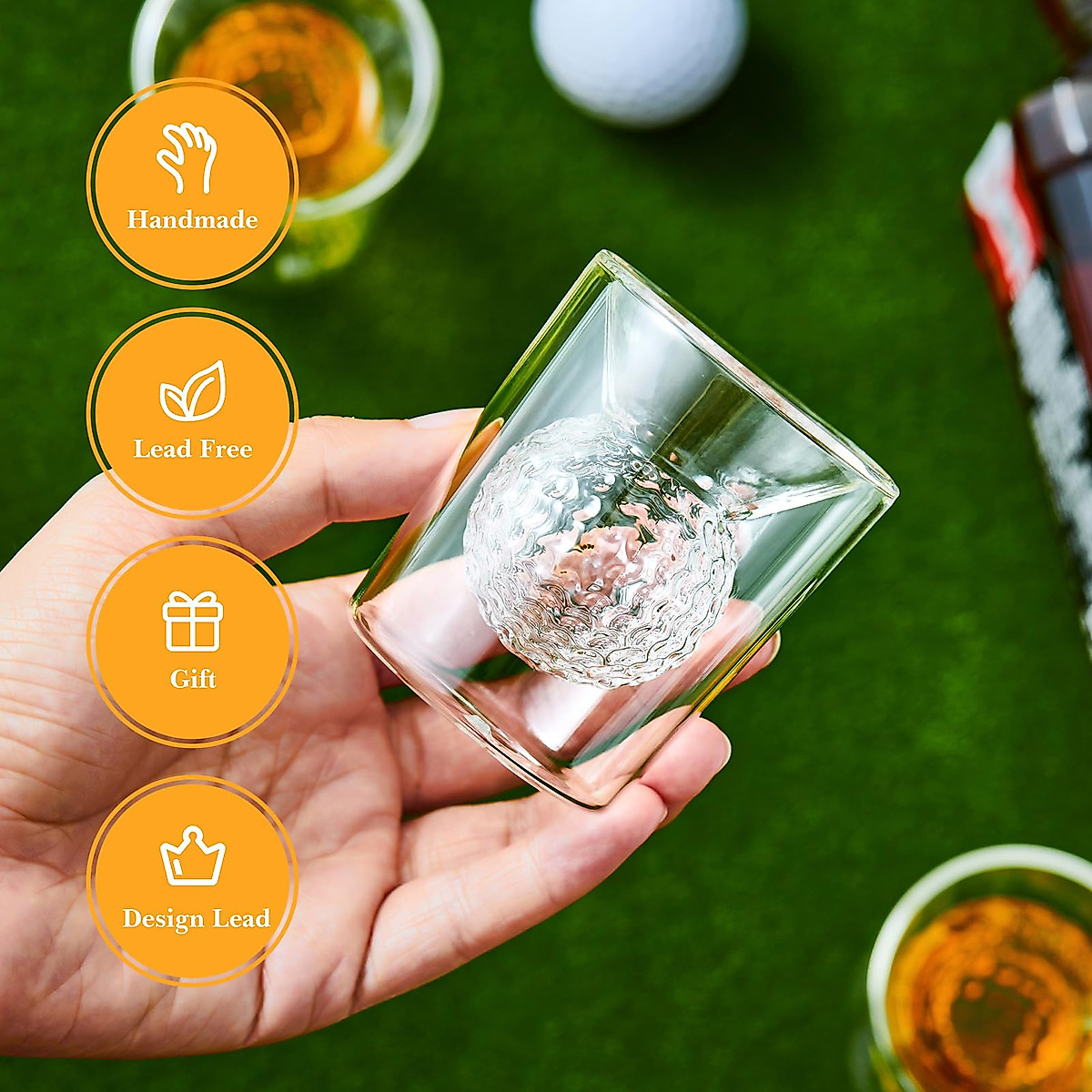 CRAFTGEN Golf Ball Shot Glasses Set of 4 - Funny Handmade Golf Birthday Gifts for Men - 2oz Double Walled with 3D Shape Golf Ball Inside for Tequila, Whiskey, Cocktail - Presents for Golfer