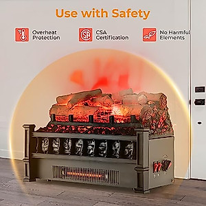 COSTWAY Eternal Flame Electric Fireplace Log, 20-inch Fireplace Insert Log Heater with Realistic Birchwood Ember Bed, Adjustable Temperature, 1500W Infrared Electric Fireplace for Home Decor, Black