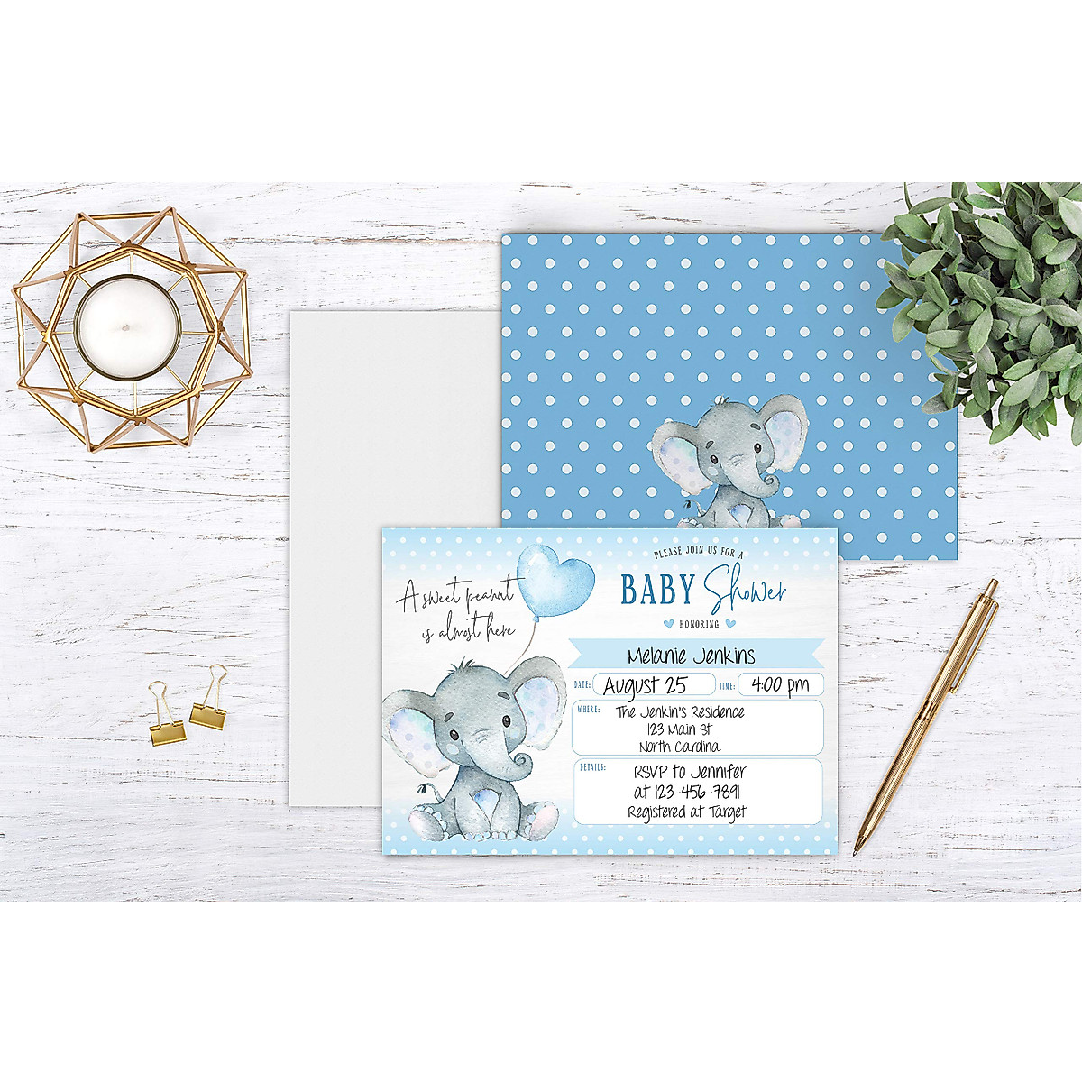 Your Main Event Prints Boy Elephant Baby Shower Invitations, Peanut Baby Shower Invites with Diaper Raffles Cards, Sprinkle, 20 Invites Including Envelopes