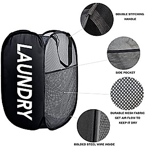 Pop-up Laundry Hamper, Foldable Pop-up Mesh Hamper Dirty Clothes Laundry Basket Collapsible for Storage and Easy to Open With Durable Handles (2, Black+Grey)