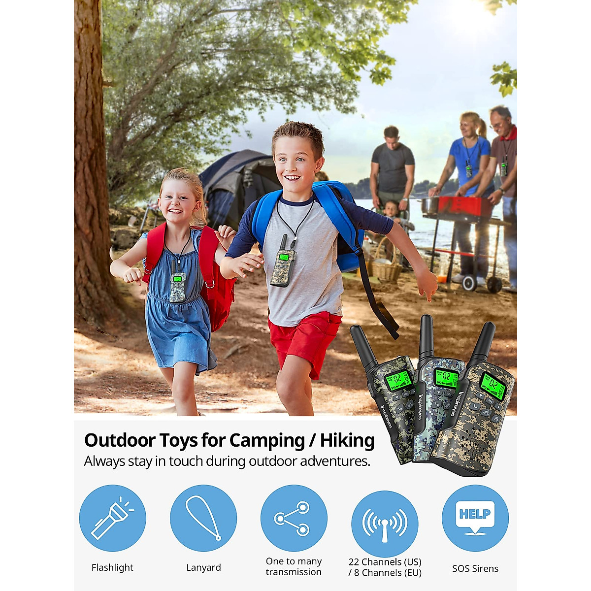 Inspireyes Walkie Talkies for Kids Rechargeable, Easter Basket Essentials Stuffers, Long Range 2 Way Radio, Outdoor Camping Games Toy Birthday Xmas Gift for Boys Age 8-12 3-5, 3 Pack Camo