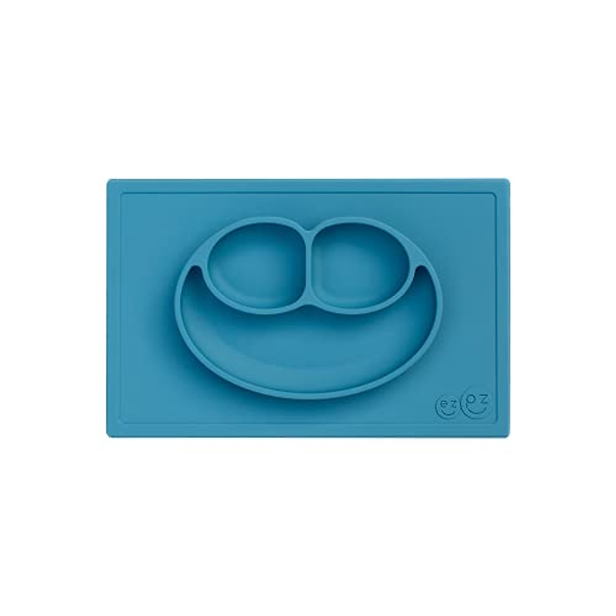 ezpz Happy Mat (Blue) New Version - 100% Silicone Suction Plate with Built-in Placemat for Toddlers + Preschoolers - Divided Plate - Dishwasher Safe