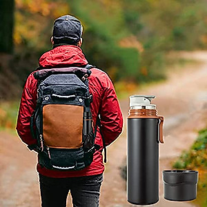 Insulated Water Bottle-Stainless Steel Vacuum Coffee Cup with Handle,Flask Double Walled Sport Travel Mug with Leakproof Lid,Keep Hot & Cold 12 Hours BPA Free 15oz(Black)