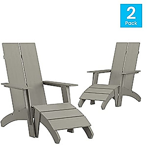 BizChair Set of 2 Modern All-Weather Poly Resin Wood Adirondack Chairs with Foot Rests in Gray