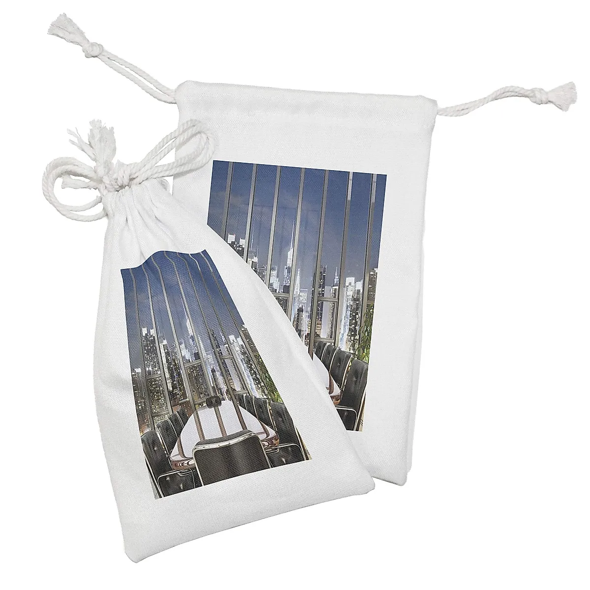 Ambesonne Modern Fabric Pouch Set of 2, Business Office Conference Room Table Chairs City View at Dusk Realistic Photo, Small Drawstring Bag for Toiletries Masks and Favors, 9" x 6", Grey Black Blue