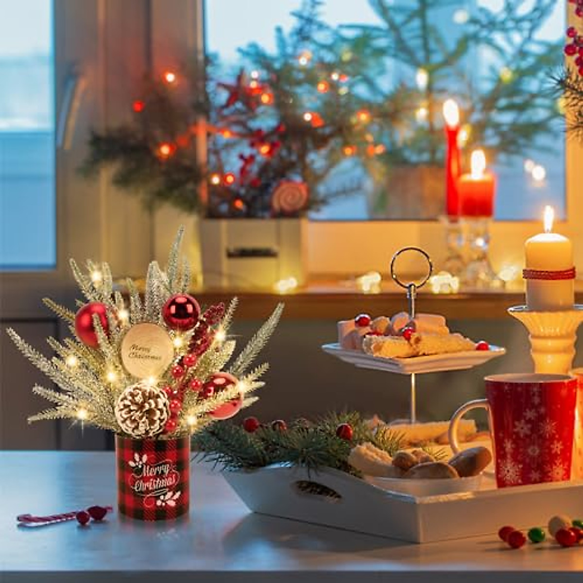 AILANDA Small Christmas Tree with 20LED Lights, 13.4" Artificial Mini Tabletop Christmas Tree with Xmas Ball Ornaments Pine Cone Berry for Table Thankgivings Christmas Decorations Home Indoor Decor