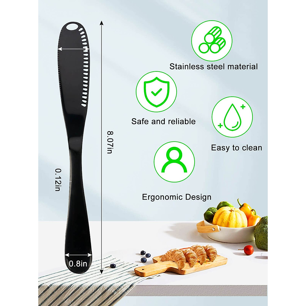 RIEOS 2 PCS Butter Spreader Knife, Stainless Steel Multi-Function Butter Knives, Black Curler with Holes & Serrated Edge, 3- in- 1 Kitchen Gadgets for Cold Butter, Bread, and Jams