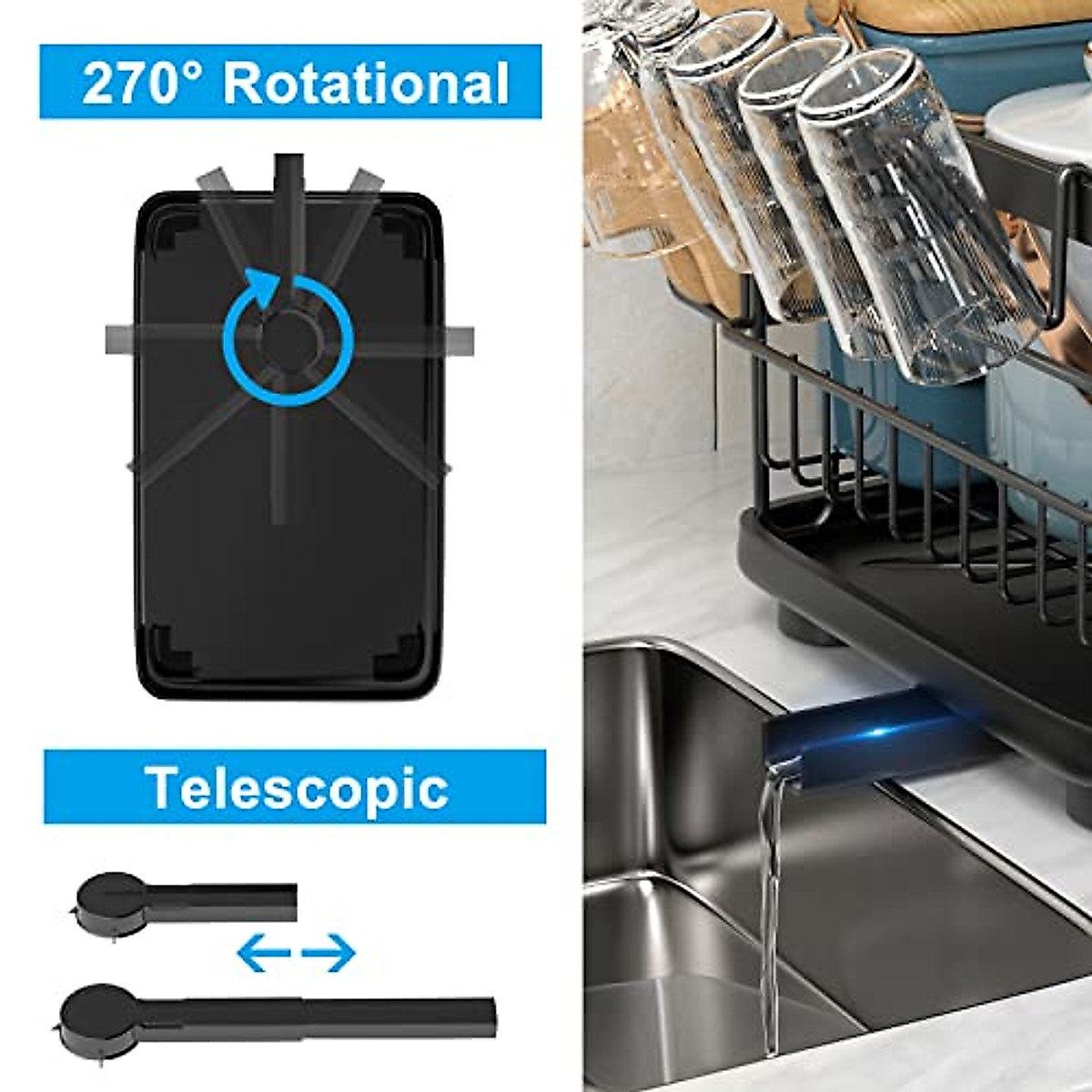 Aonee Dish Drying Rack, 2 Tier Dish Rack with Drainboard, Cutlery Holder, Cutting-Board Holder, Cup Holder and 3 Hooks, Large Dish Racks for Kitchen Counter, Rust-Proof Dish Drainer, Black