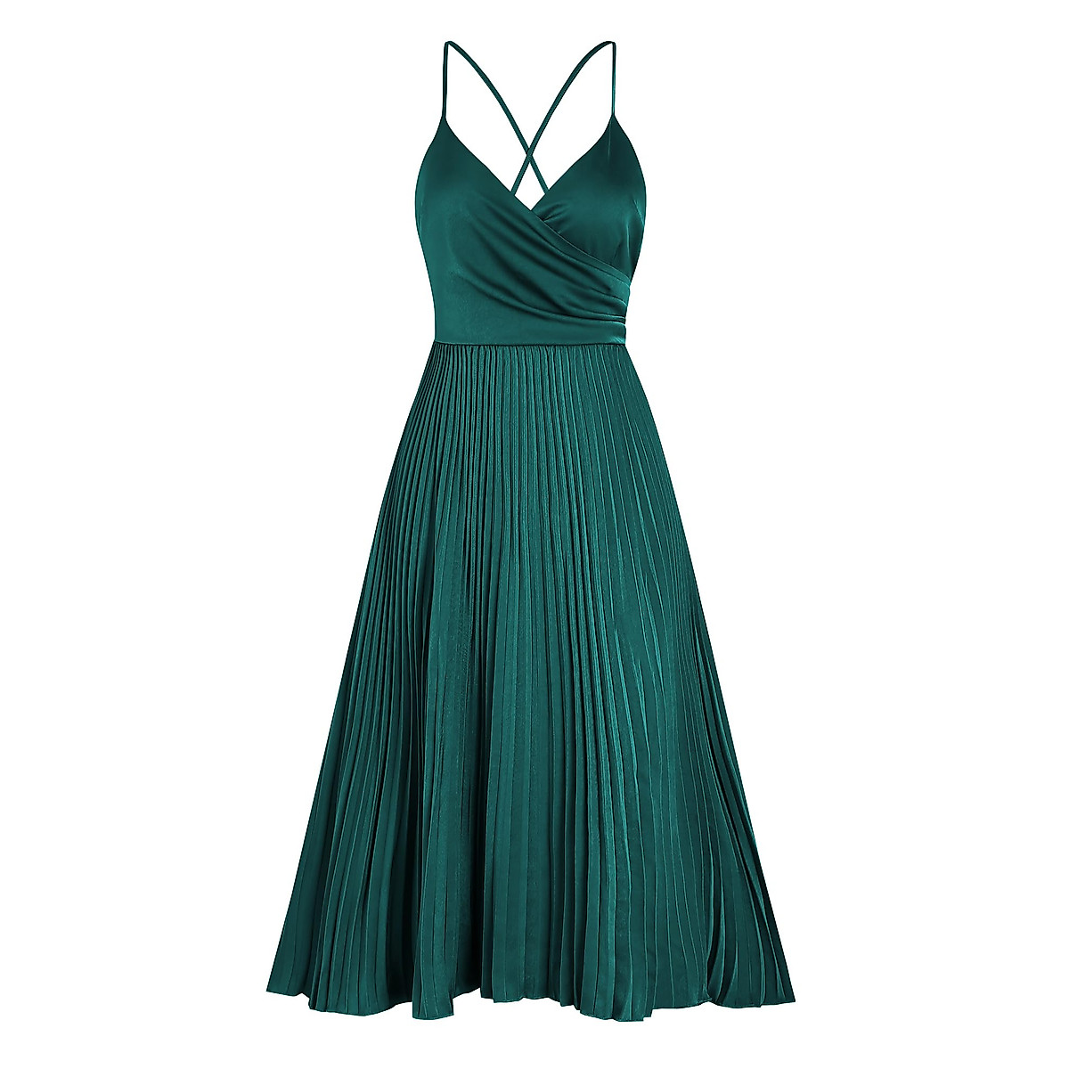 ZAFUL Womens Satin Sexy Backless Wrap V Neck Sleeveless Spaghetti Strap Pleated Flowy Party Midi Dress