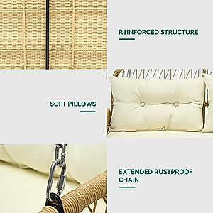 YITAHOME Porch Swing Hanging Wicker Swing Rattan Patio Swing Lounge Swing Chair Hammock Swing Chair Cushions 550lbs for Garden, Patio, Balcony, Living Room, Beige