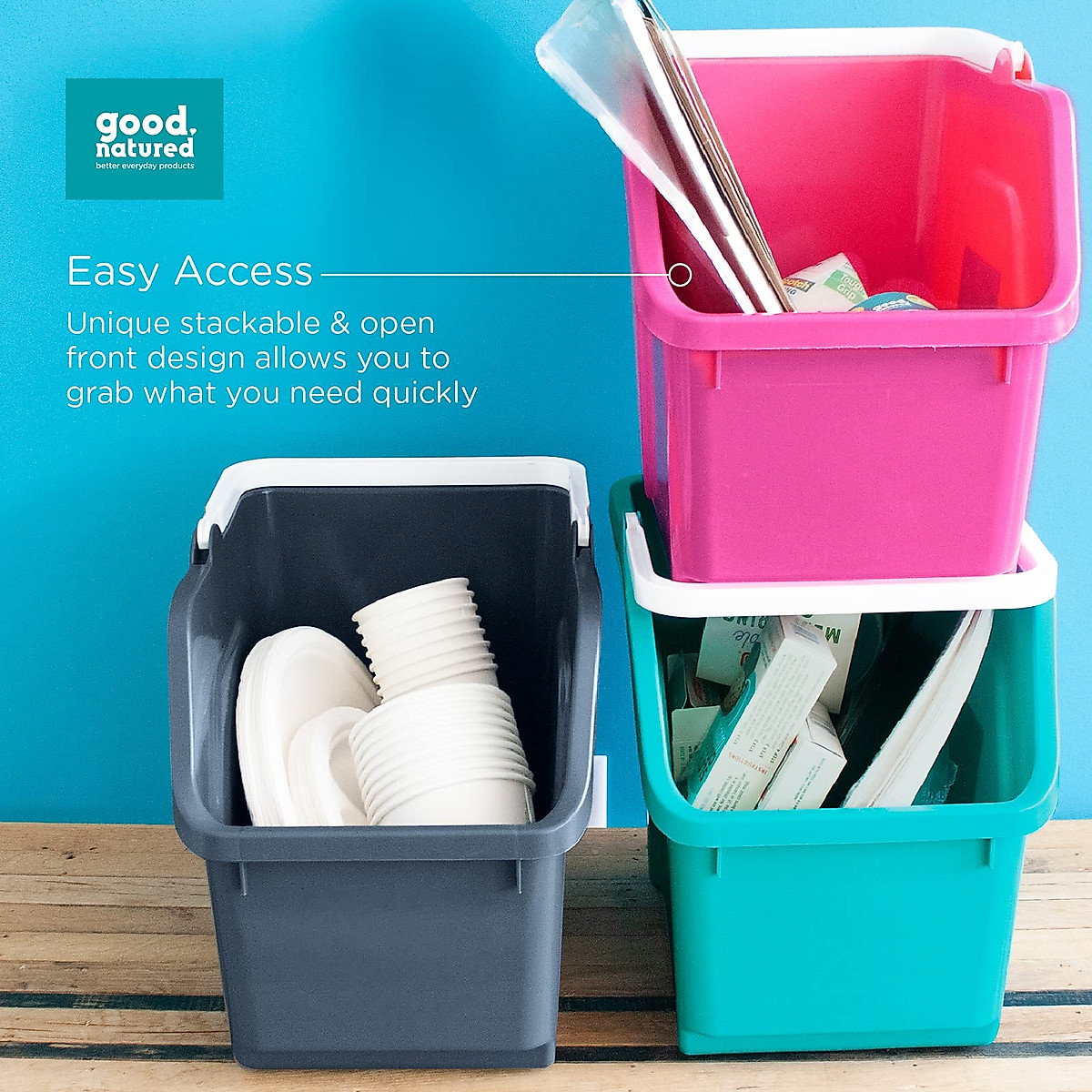 good natured Stackable Recycle Bin with Handle - 6 Gallon / 25 Liter - Kitchen, Home & Indoor Use - Compact & Small Recycling Bins 3 Pack