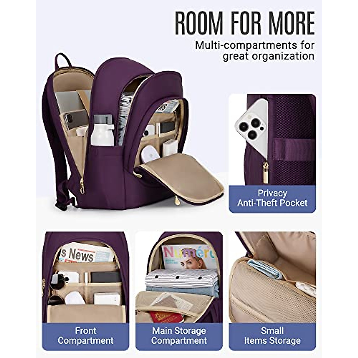 LIGHT FLIGHT Women Backpacks Laptop Backpack for Women 15.6 inches Computer Bags for Work Travel College, Gifts for Women, Purple