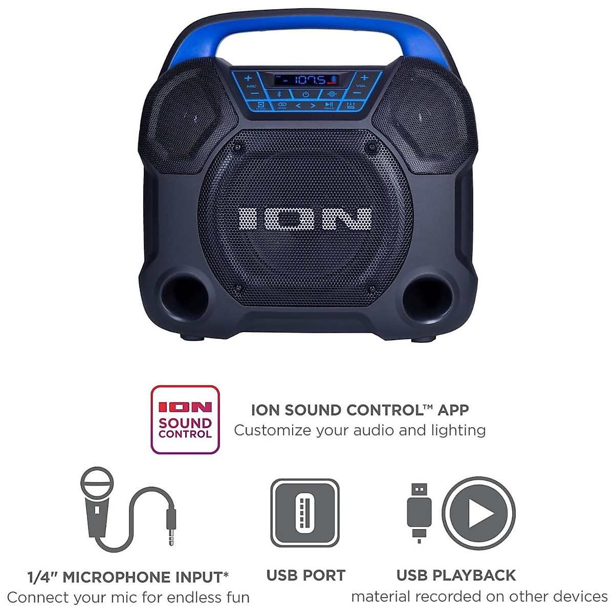 Ion Explorer Express Outdoor Party Speaker with Rechargeable Battery, Bluetooth and Radio for Birthday, Pool Party, BBQ – Premium Wide Sound, Three Speakers, USB Charging & App (Renewed)