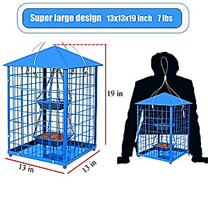 Mealworms Bird Feeders for Bluebirds - Metal - Huge Caged Squirrel-proof Bird Feeders with 2 Cups, DIY Wild Bird Feeders Outdoor Hanging (Blue), Attract Small Birds, 2lbs Seed Capacity+1 Mealworms Cup