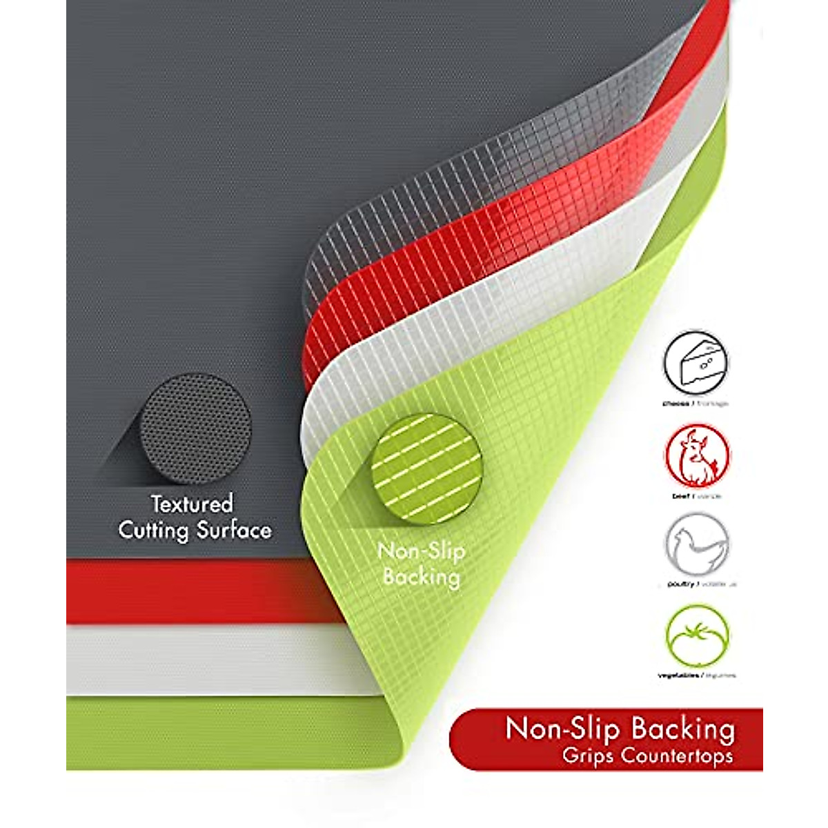 Dexas Heavy Duty Grippmat Flexible Cutting Board Set of Four, 5.5 x 8, Gray, Red, White, Green