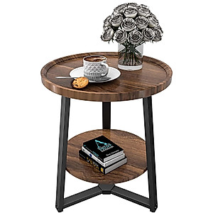 texinpress Round End Table with Storage Shelf, 2 Tier Round Side Table Nightstand for Living Room, Bedroom, Wood Tabletop and Black Metal Frame (19.7 * 19.7 * 21.7 inches)