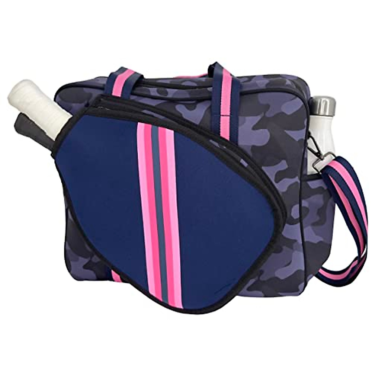 Queen of the Court Pickleball Bag, Pickleball Bag with Fence Hook, Pickle Ball Bag for Women, Cute Pickleball Bag (Navy Camo with Pink Stripe)