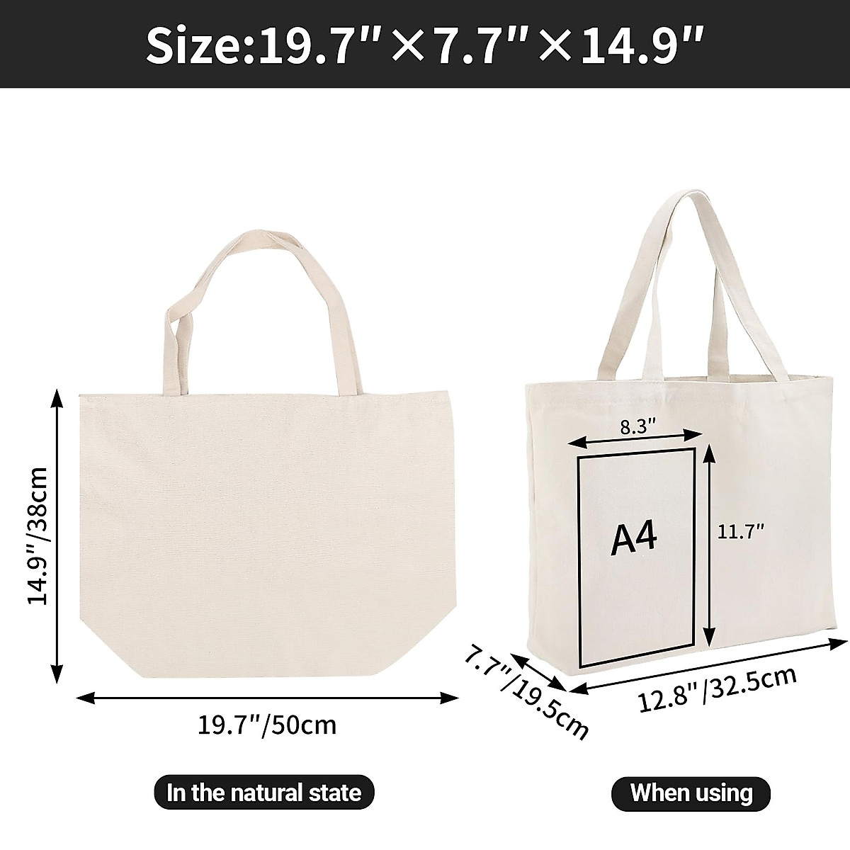 Segarty 6 Packs Large Canvas Tote Bags, 20X15 Inch Reusable Grocery Bags, Heavy Duty Shopping Bags with Bottom Gusset, Natural White Blank Cloth Shoulder Bags Perfect for DIY Crafting Decorating