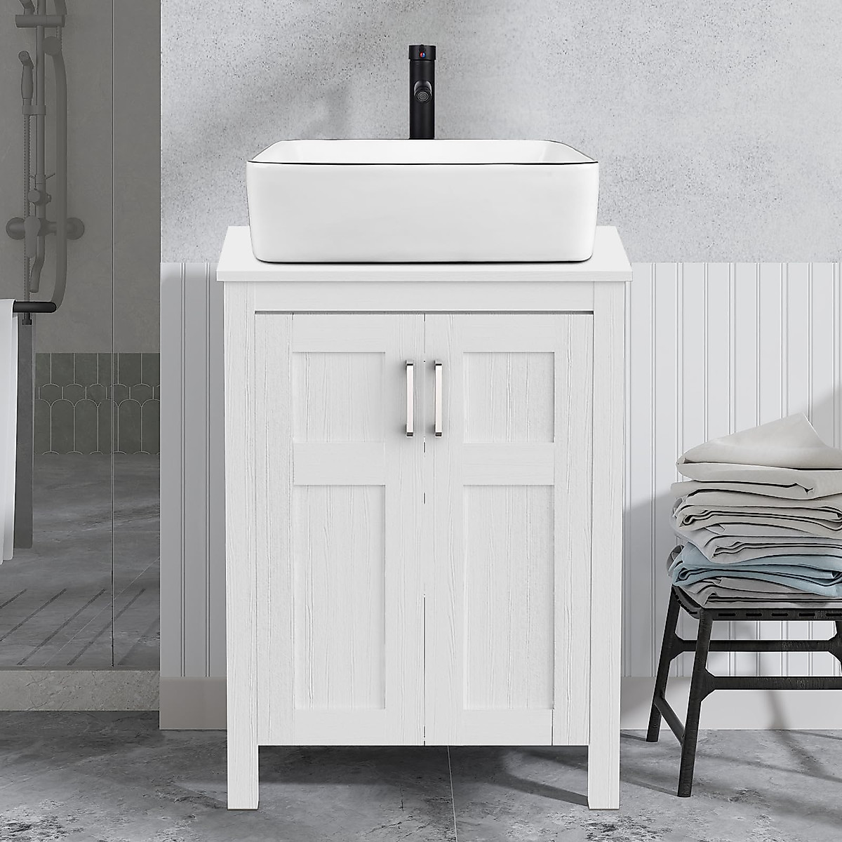 YOURLITE 24 Inch Bathroom Vanity and Sink Combo White Modern MDF Board Countertop Vessel Sink with Water Saving 1.5 GPM Faucet and Pop-up Darin Bathroom Cabinet