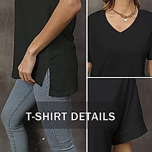IRISGOD Womens V Neck Oversized T Shirts Loose Fit Short Cuffed Sleeves Tee Tops Black