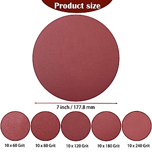 Tonmp 50 PCS 7 Inch Hook-and-Loop Sanding Discs Sandpaper - 10 pcs Each of 60 80 120 180 240 Grits Sander Paper for for Random Orbit Drywall Sander
