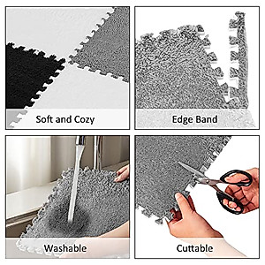 18 Pcs Plush Foam Floor Mat Square Interlocking Carpet Tiles with Border Fluffy Play Mat Floor Tiles Soft Climbing Area Rugs for Home Playroom Decor, 12 x 12 x 0.4 Inch (Black, White, Gray)