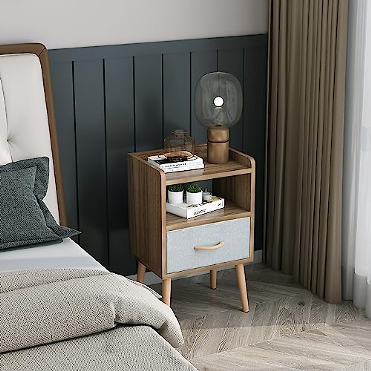 LUCKNOCK NightStand with Fabric Drawer, Bedside Table with Solid Wood Legs, Minimalist and Practical End Side Table with Open Storage Shelf for Bedroom,Walnut.